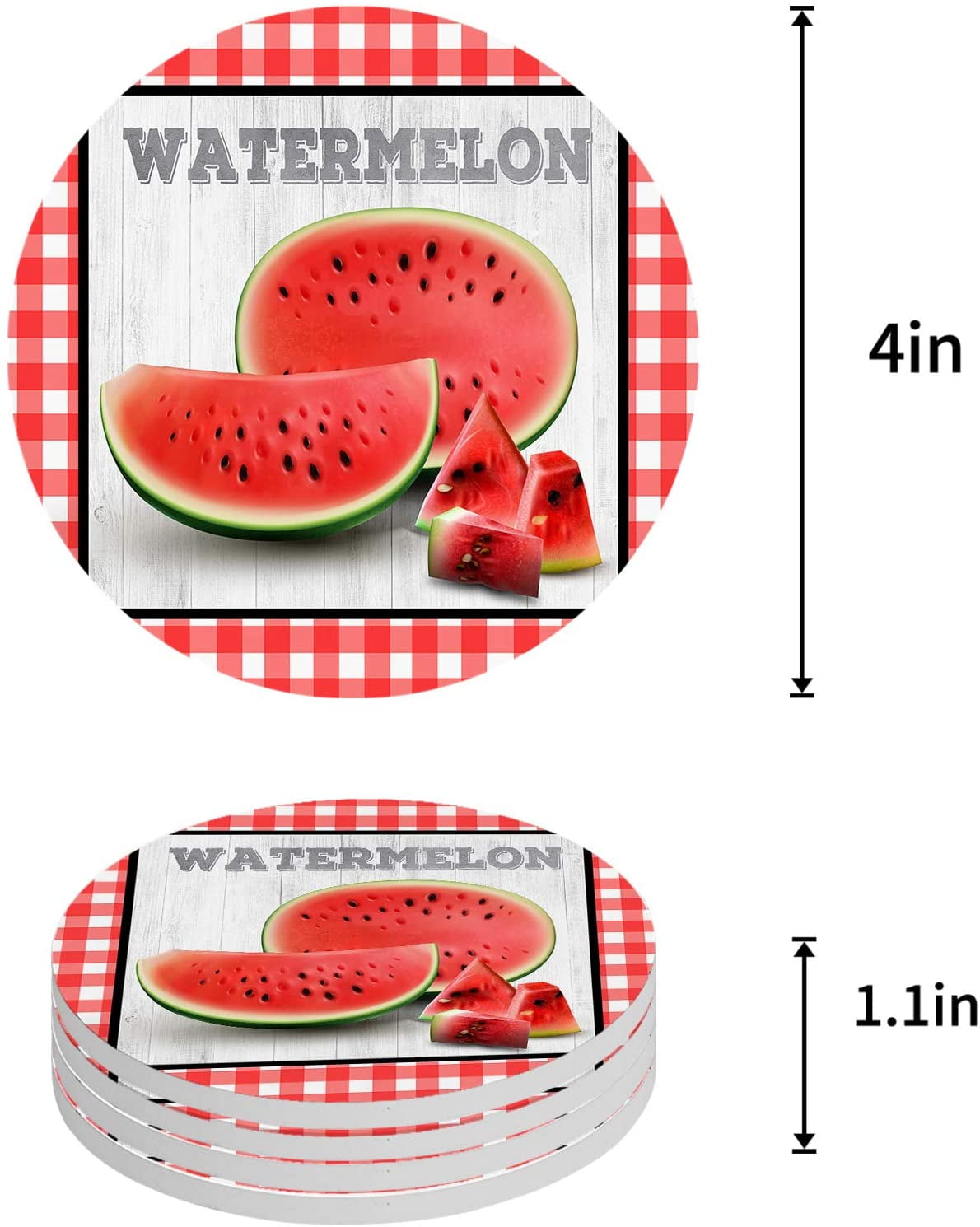 ZHANZZK Summer Watermelon Fresh Fruits Plaid Wood Grain Set of 4 Round ...