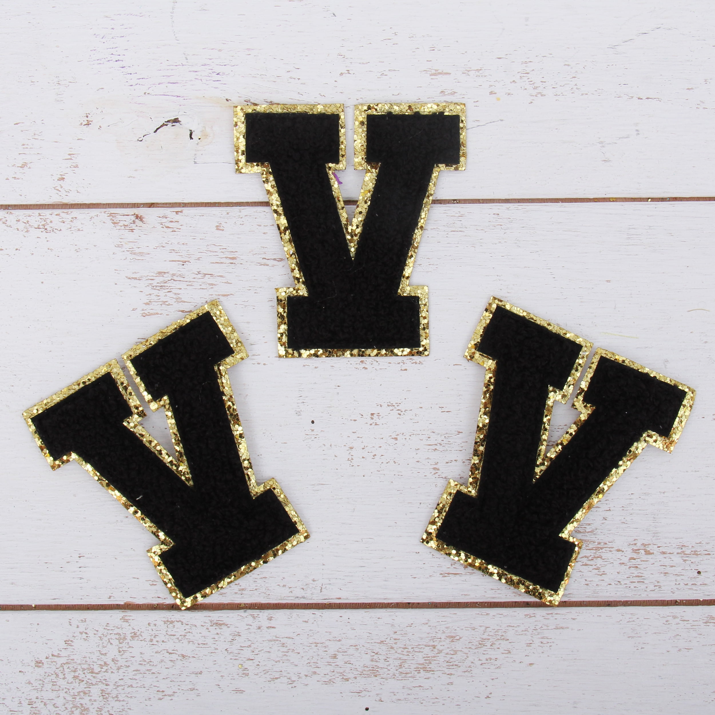 3 Pack Chenille Iron On Glitter Varsity Letter "V" Patches - Black ...