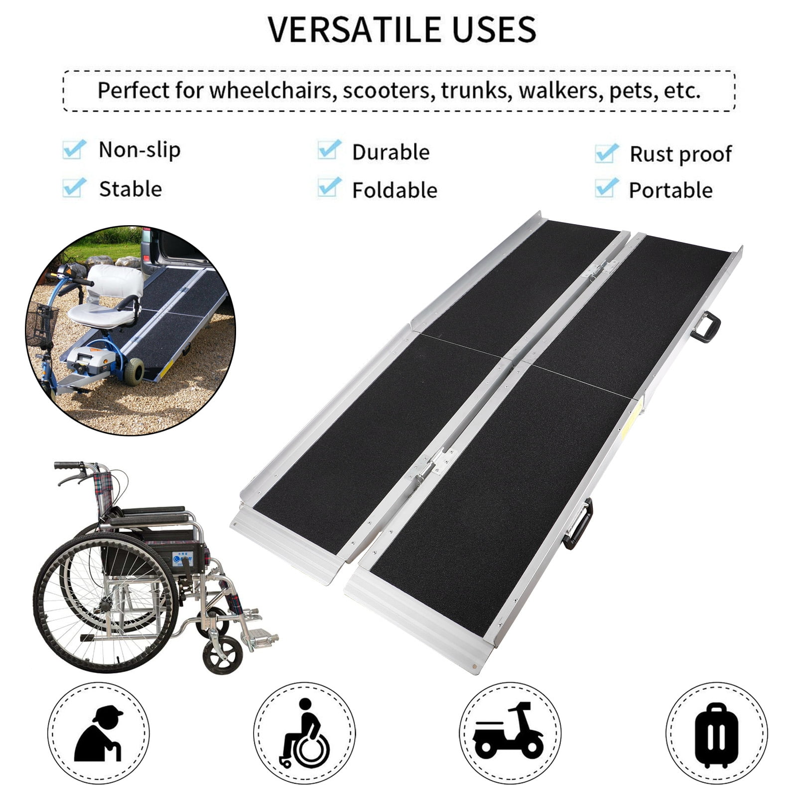 5FT Portable Wheelchair Ramp Non Skid Aluminum Foldable Mobility ...