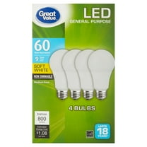 Great Value A19 LED Light Bulb, 7W (60W Equivalent) Dimmable Soft White E26 Base (4 Pack ...