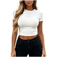 Axiiglly White Crop Tops for Women Short Sleeve Slim Stretch Basic Tees ...