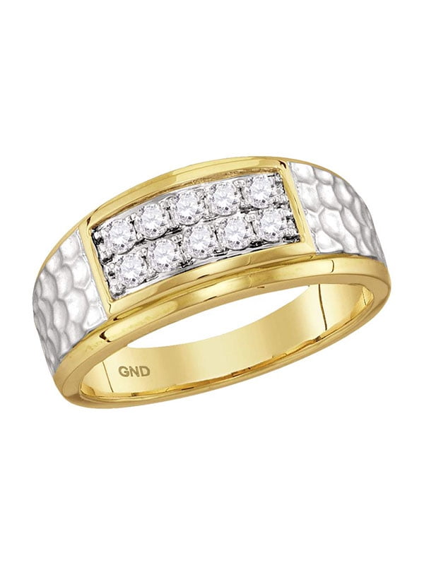 TheJewelryMaster - 10kt Yellow Gold Mens Round Diamond 2-tone Hammered ...