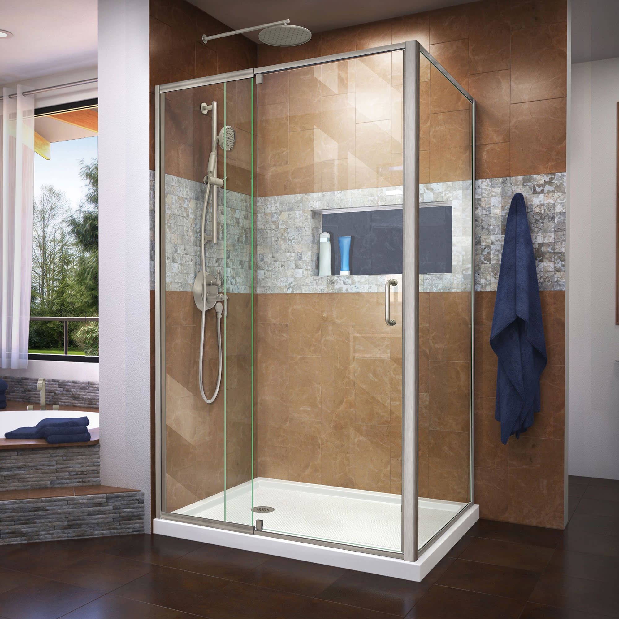 DreamLine Flex 36 in. D x 48 in. W x 74 3/4 in. H Semi-Frameless Shower Enclosure in Brushed ...