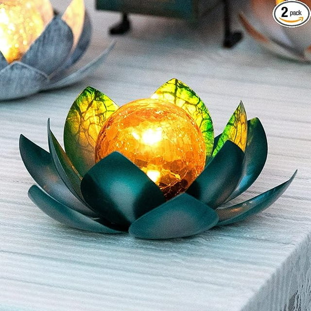 Solar Light Outdoor(2Pack), Art Crackle Globe Glass Lotus Decoration ...