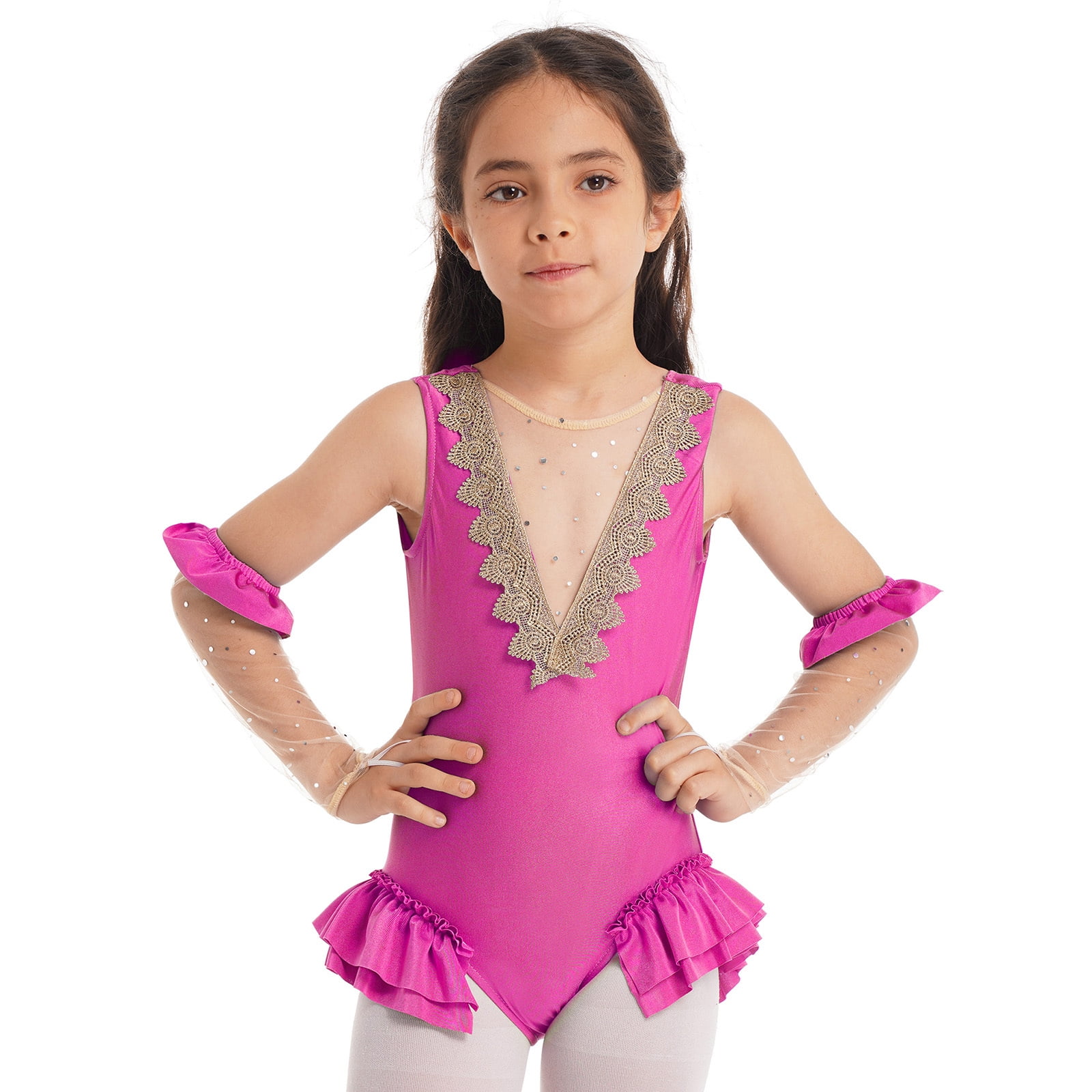 TiaoBug Kids Girls Circus Costume Shiny Ruffles Leotard with Gloves ...