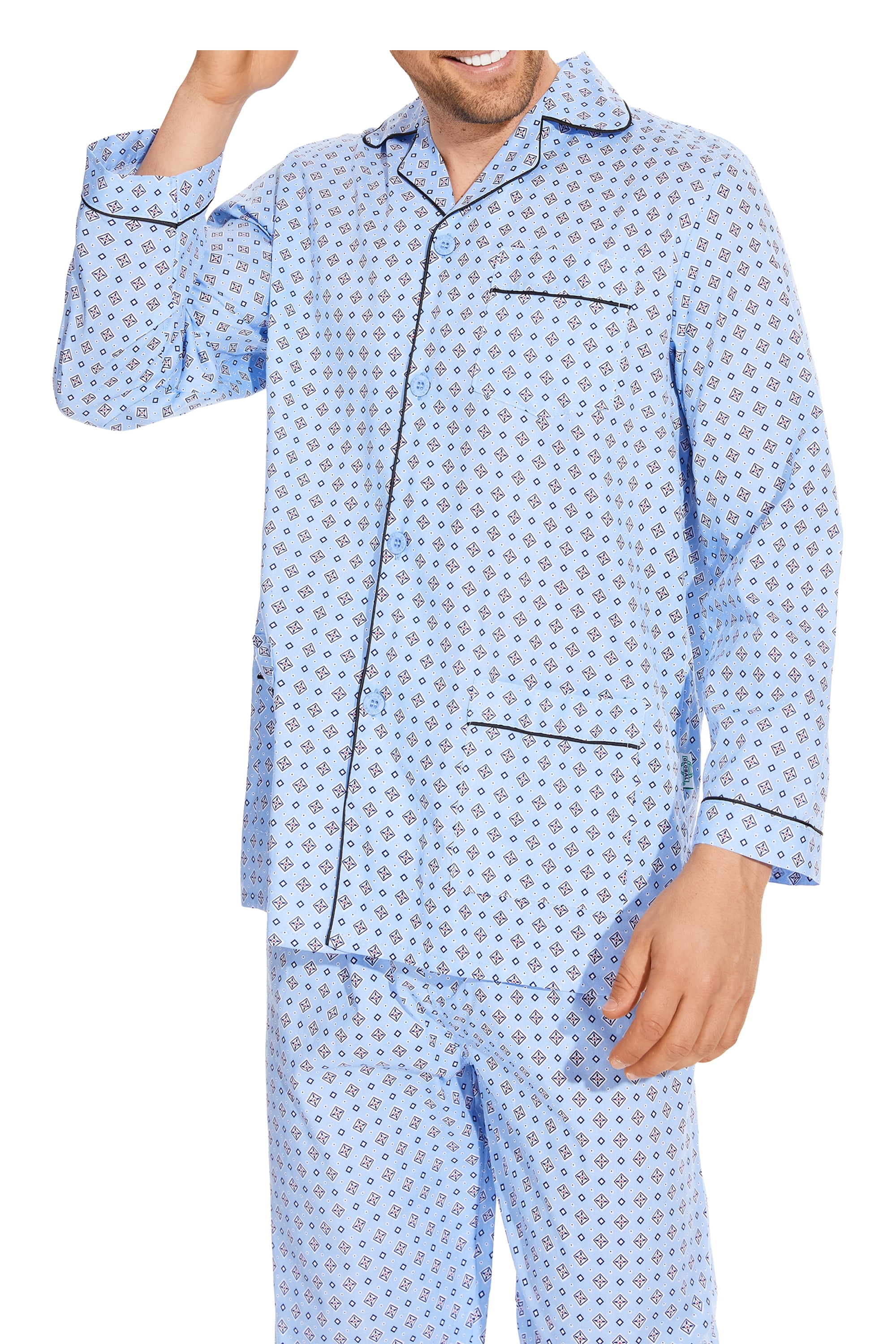 GLOBAL Men's Cotton Notch Collar Pajama Set with Pockets, 2-Piece ...