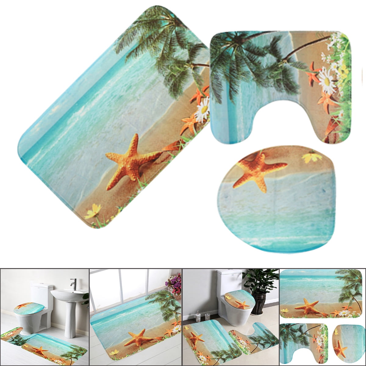 3-Piece Sun Of Beach Bathroom Rug Set , Bath Mat Non-slip Pad Rug ...