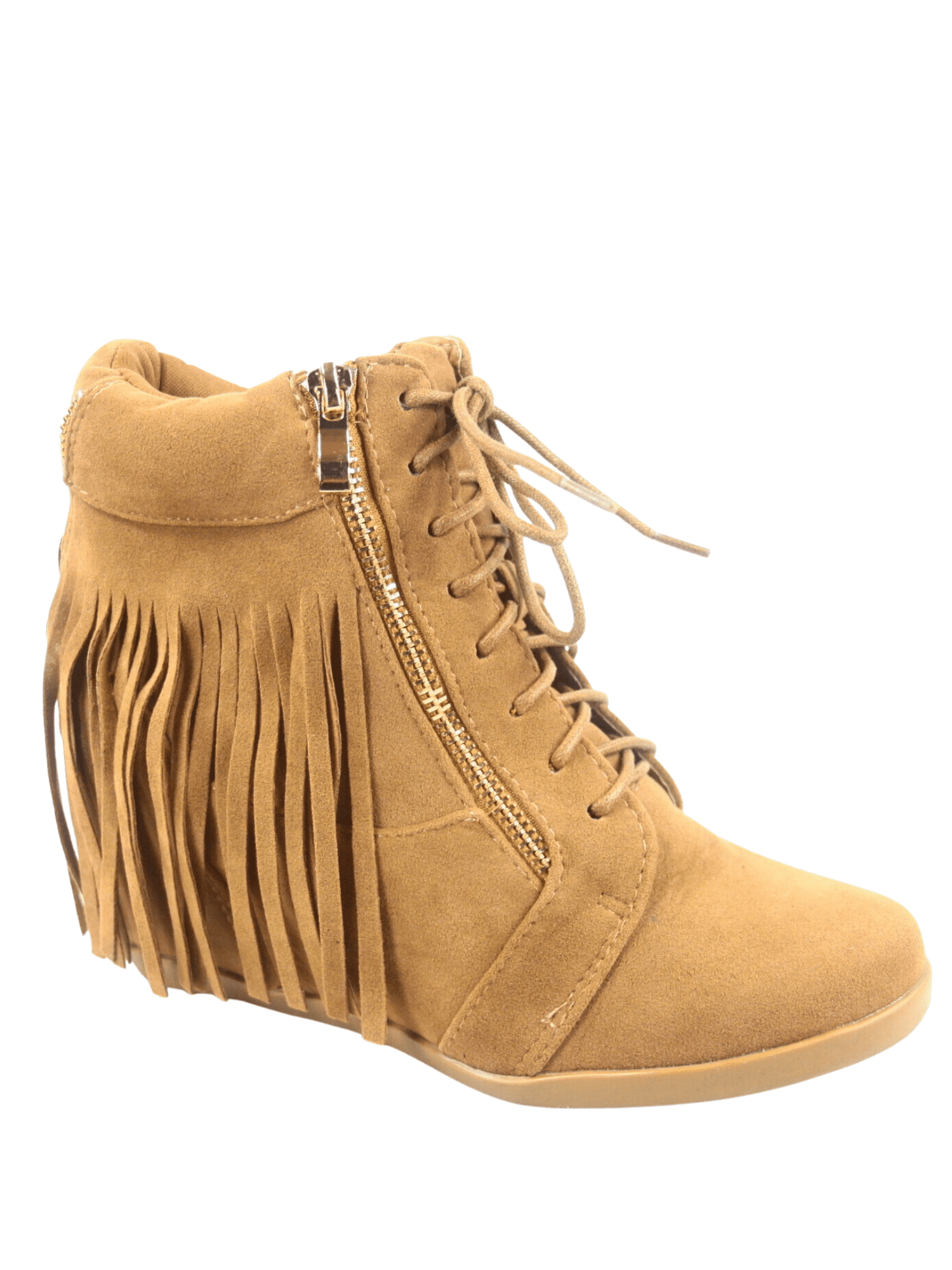 Glady-23 Women's Casual Fringe Ankle Booties Lace up Low Wedge Shoes ...