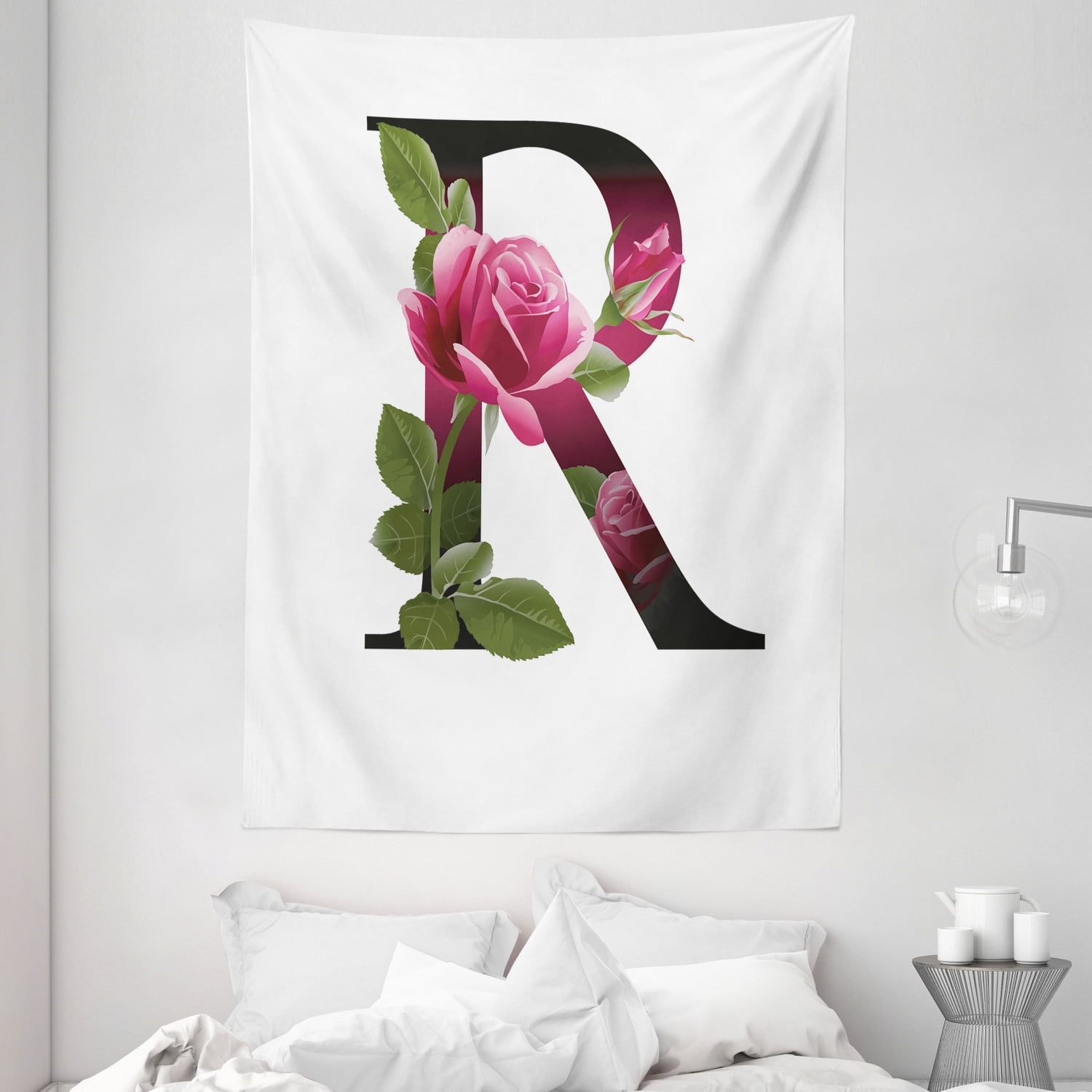 Letter R Tapestry, Capitalized R Symbol with Flower of Love Rose Nature ...
