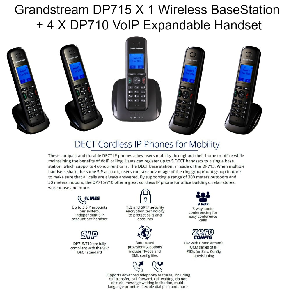 Grandstream DP715 x 1 VoIP DECT IP Phone + 4 x DP710 VoIP DECT IP Phones Bundle - Walmart.com