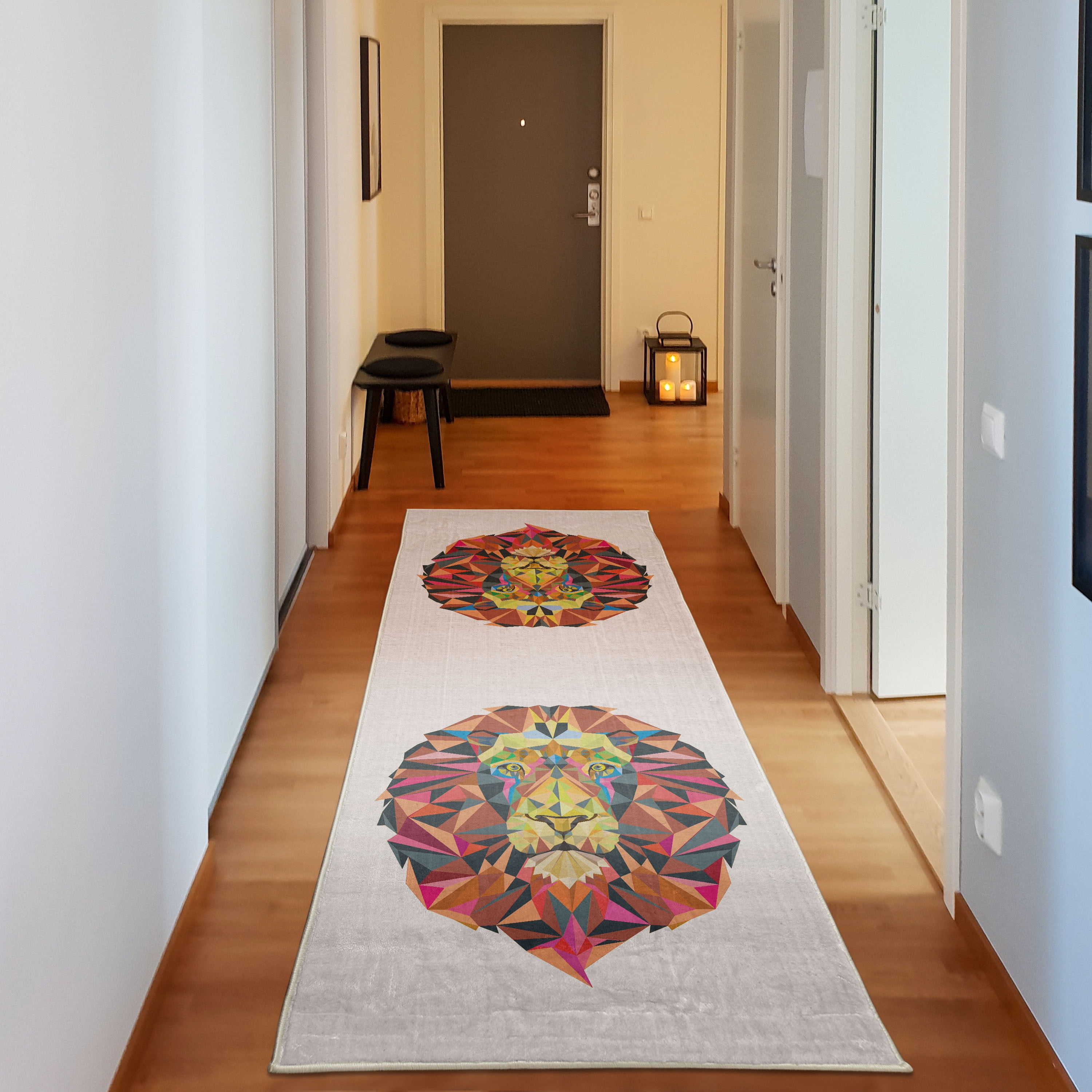 Zoo Decorative Rug, Colorful Animals Geometric Diamond Face Lions Mane ...