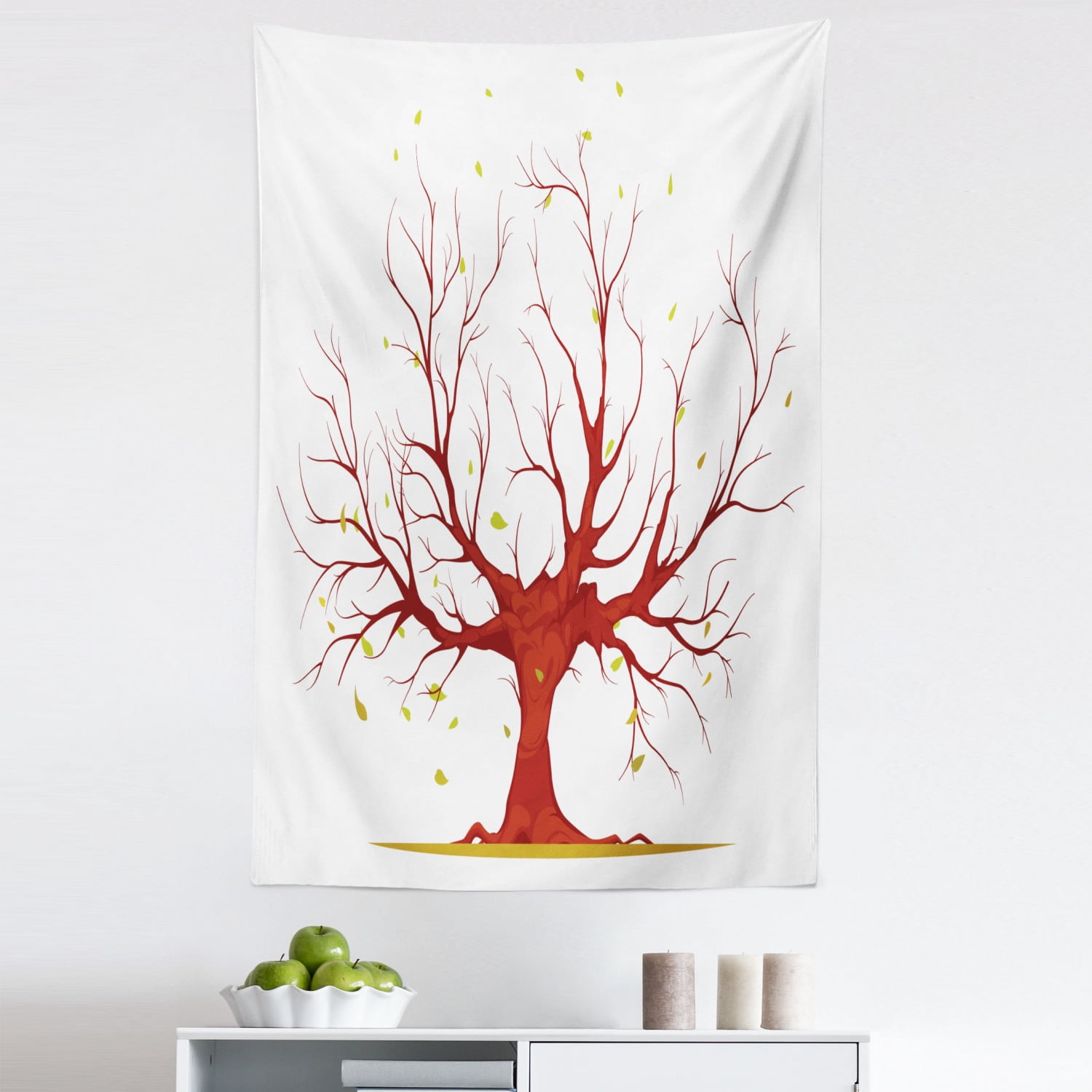 Oak Tree Tapestry, Trunk Roots Bare Branches Fallen Leaves Cartoon on ...