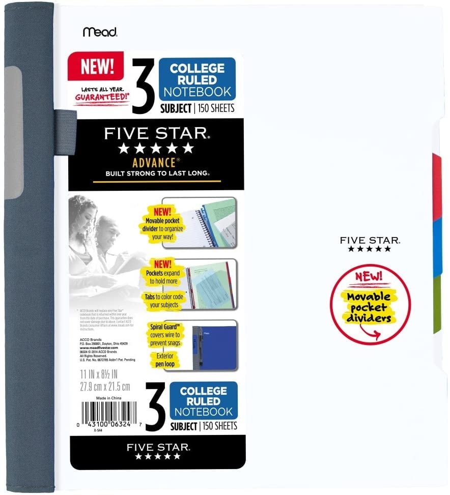 Five Star Advance Spiral Notebook, 3 Subject, College Ruled Paper, 150 ...