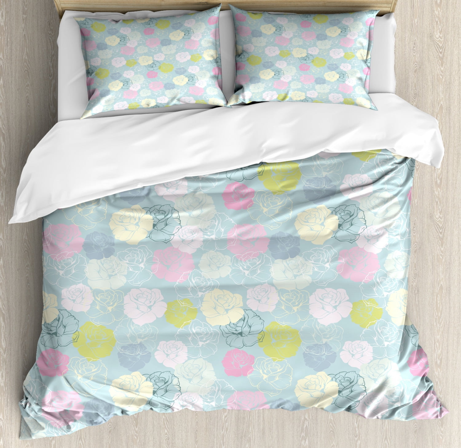 Floral Duvet Cover Set, Image of Hand Drawn Pastel Colored Rose Flowers ...
