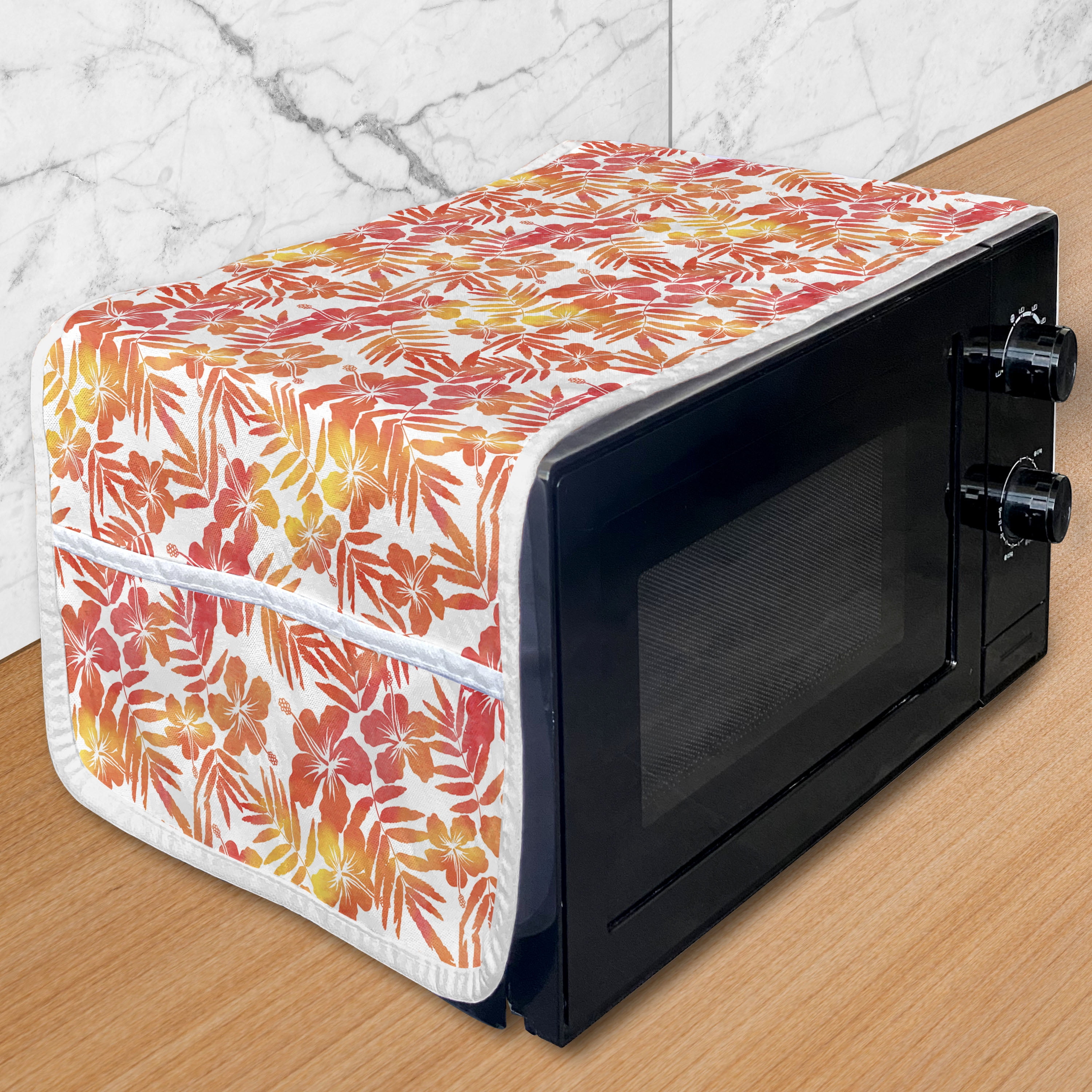 Jungle Microwave Oven Cover, Watercolor Art Inspired by Exotic Island Nature Hibiscus Flowers ...