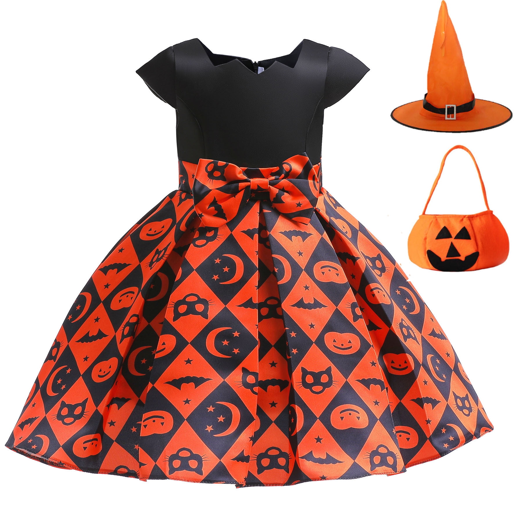 Girl Halloween Pumpkin Dress with Bag Hat - Walmart.com