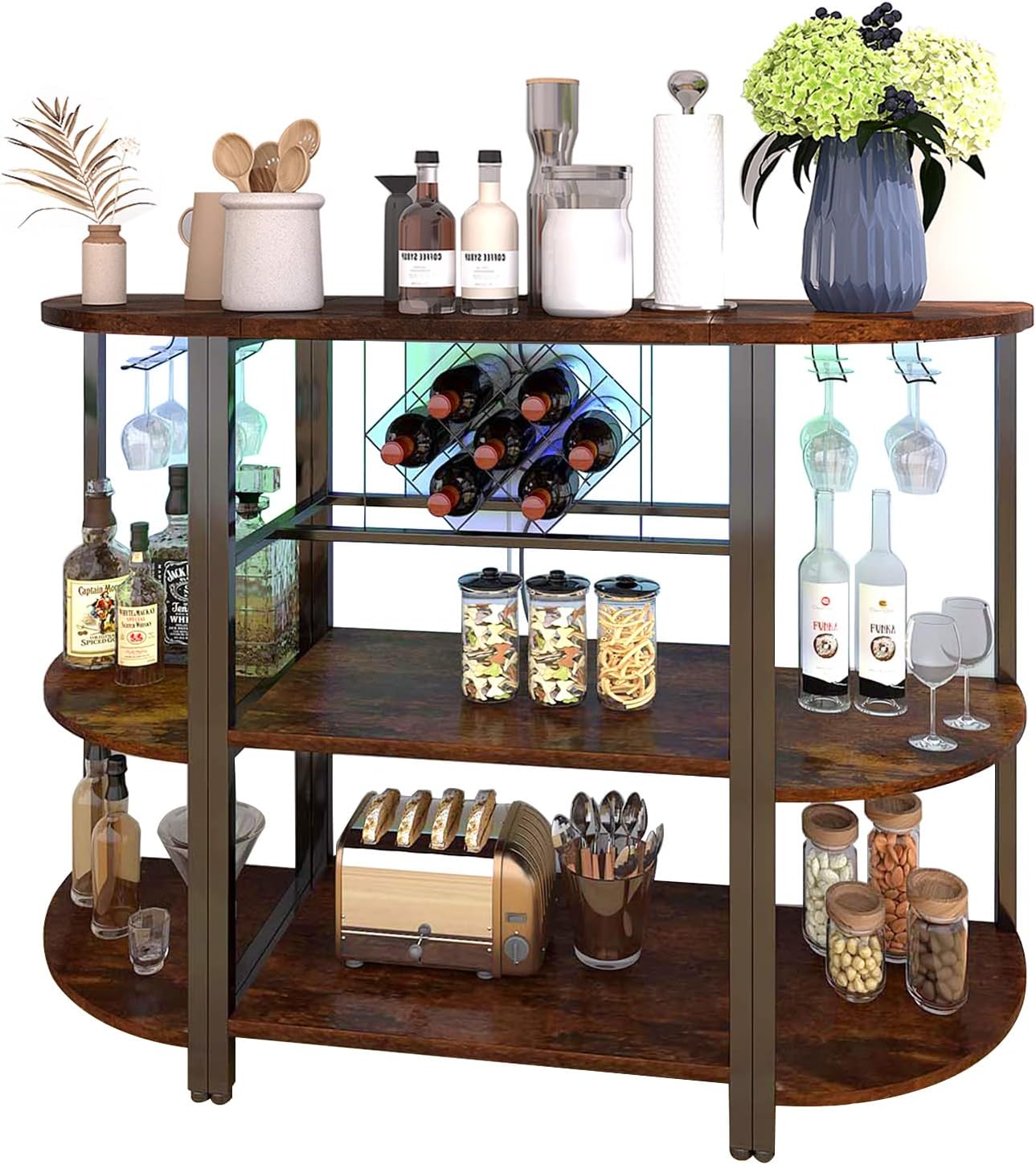 SHMAMT Wine Rack Table with Socket and LED Light 47.3 Inch Wood Coffee ...