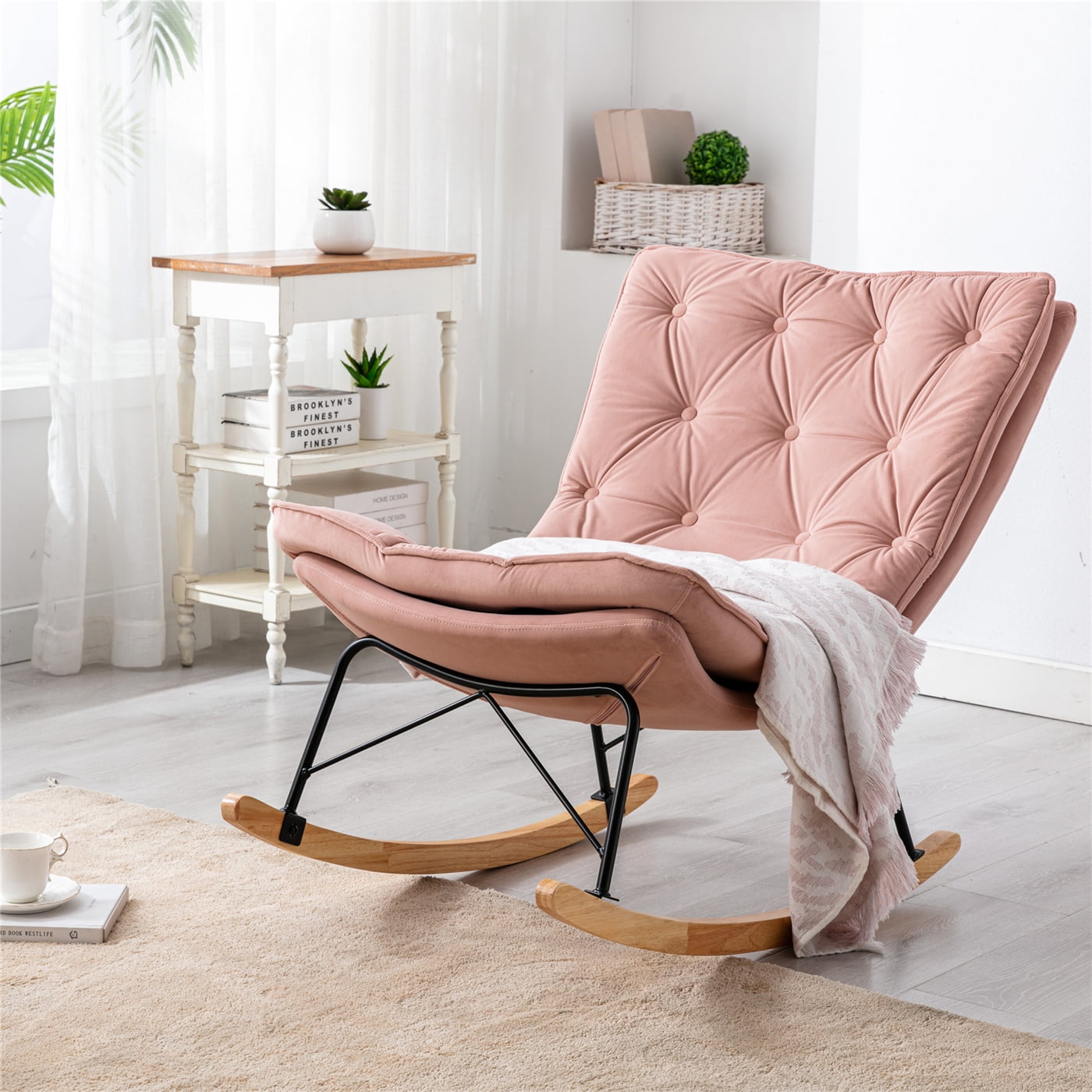 Rocking Chair, Modern Velvet Tufted Upholstered Armless Rocking Chair ...