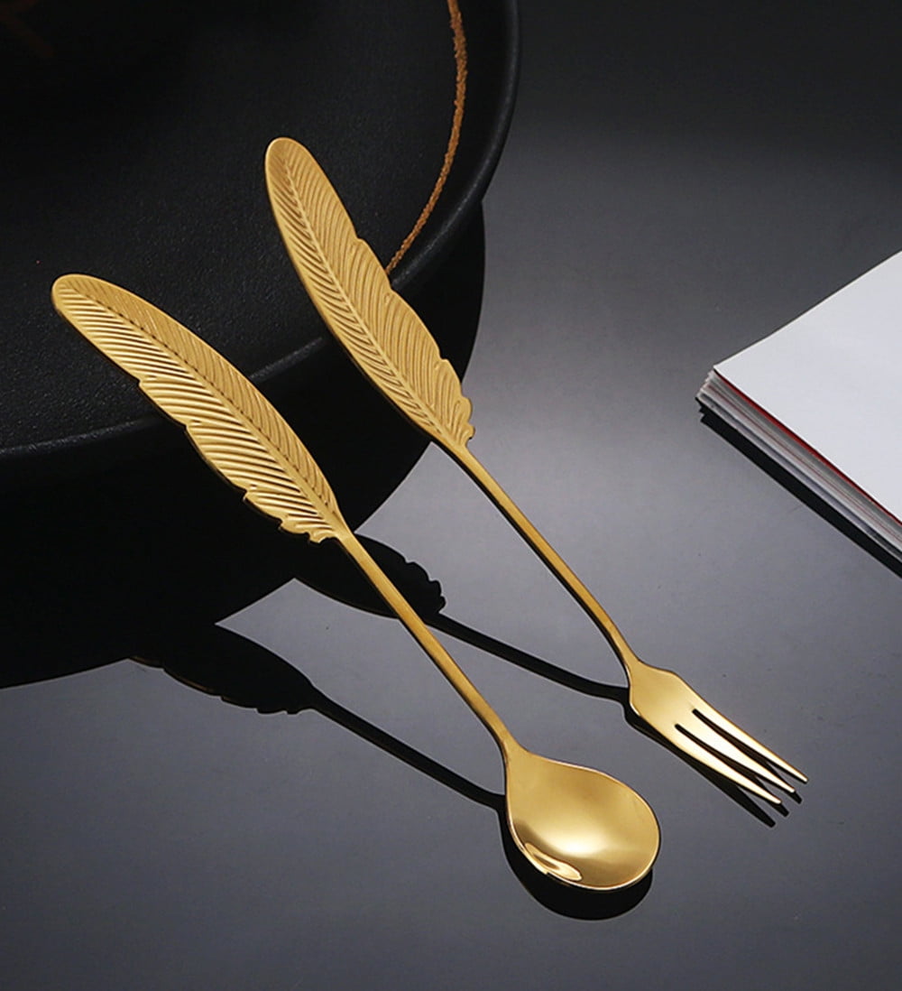 HOARBOEG Stainless Steel Feather Spoon And Fork Household Fruit Fork ...