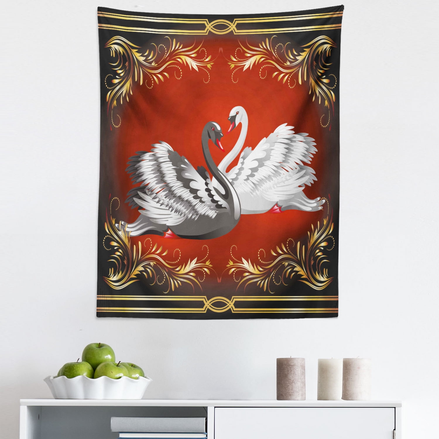 Animal Tapestry, Black and White Swan Couple Ornamental Framework ...