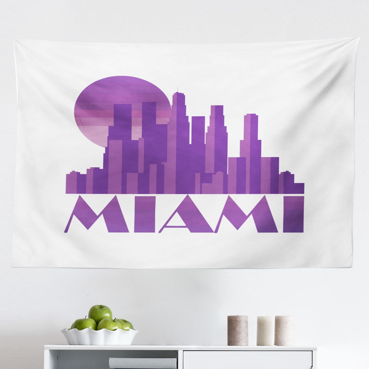 Vintage Florida Tapestry, Cityscape Between Palm Trees Calming Beach ...