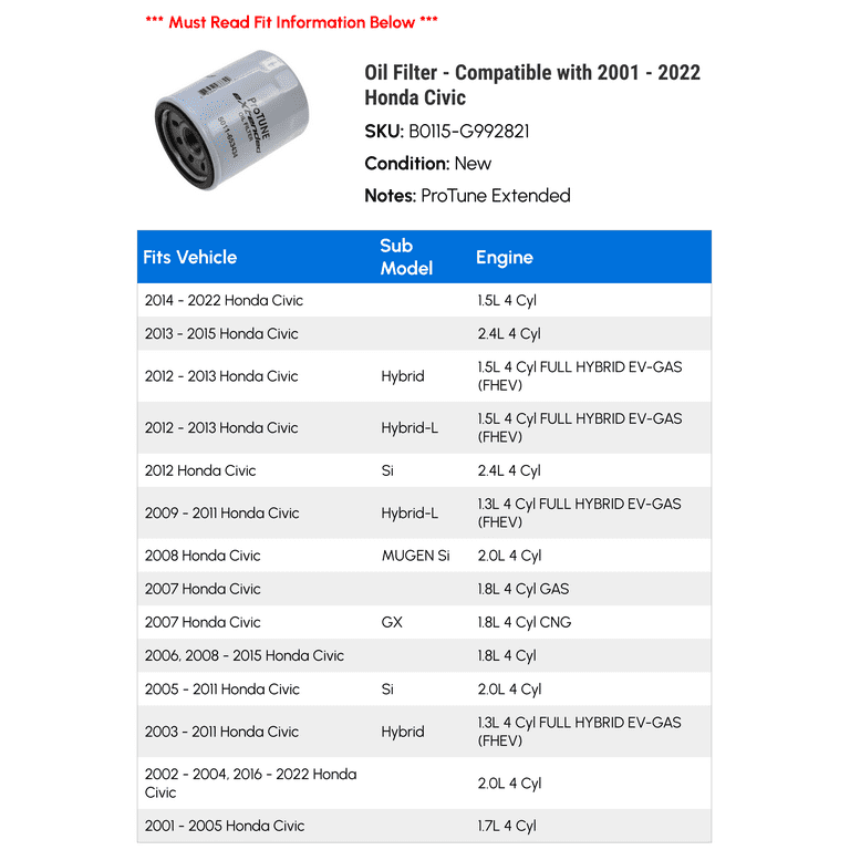 Oil Filter Compatible with 2001 2022 Honda Civic 2002 2003 2004 2005 2006 2007 2008 2009 2010 2011 2012 2013 2014 2015 2016 2017 2018 2019 2020 2021 Walmart