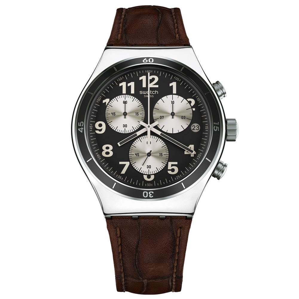 Swatch YVS400 Men's Browned Irony Chrono Black Dial Leather Strap Watch ...