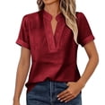 HOMBOM Womens Short Sleeve Shirts Pullover Wine Solid Color Soft V Neck ...