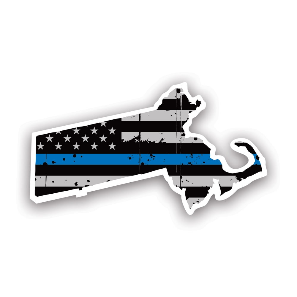 Distressed Thin Blue Line Massachusetts State Shaped Subdued US Flag Sticker Sticker Decal ...