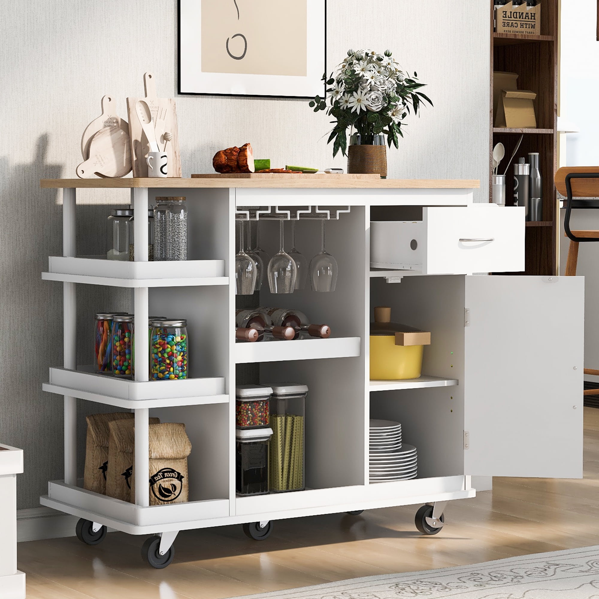 Rolling Kitchen Trolley, with open storage and wine rack, Kitchen ...