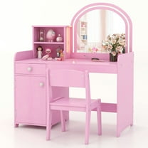 Costway Kid Vanity Table Chair Set 2-Color LED Lights Large Drawer ...