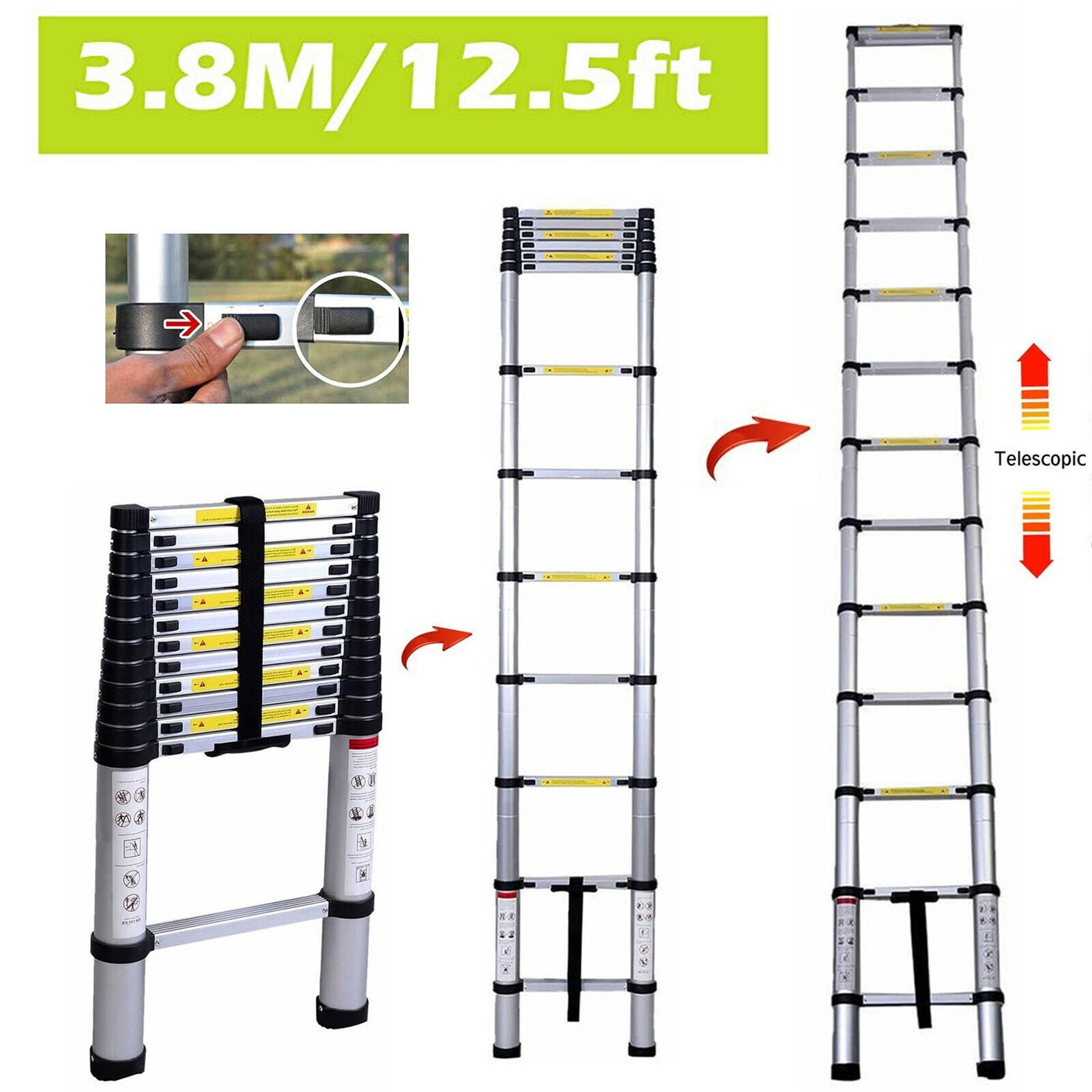 Dayplus 12.5ft/3.8M Telescoping Step Ladder Aluminum Folding Extension ...