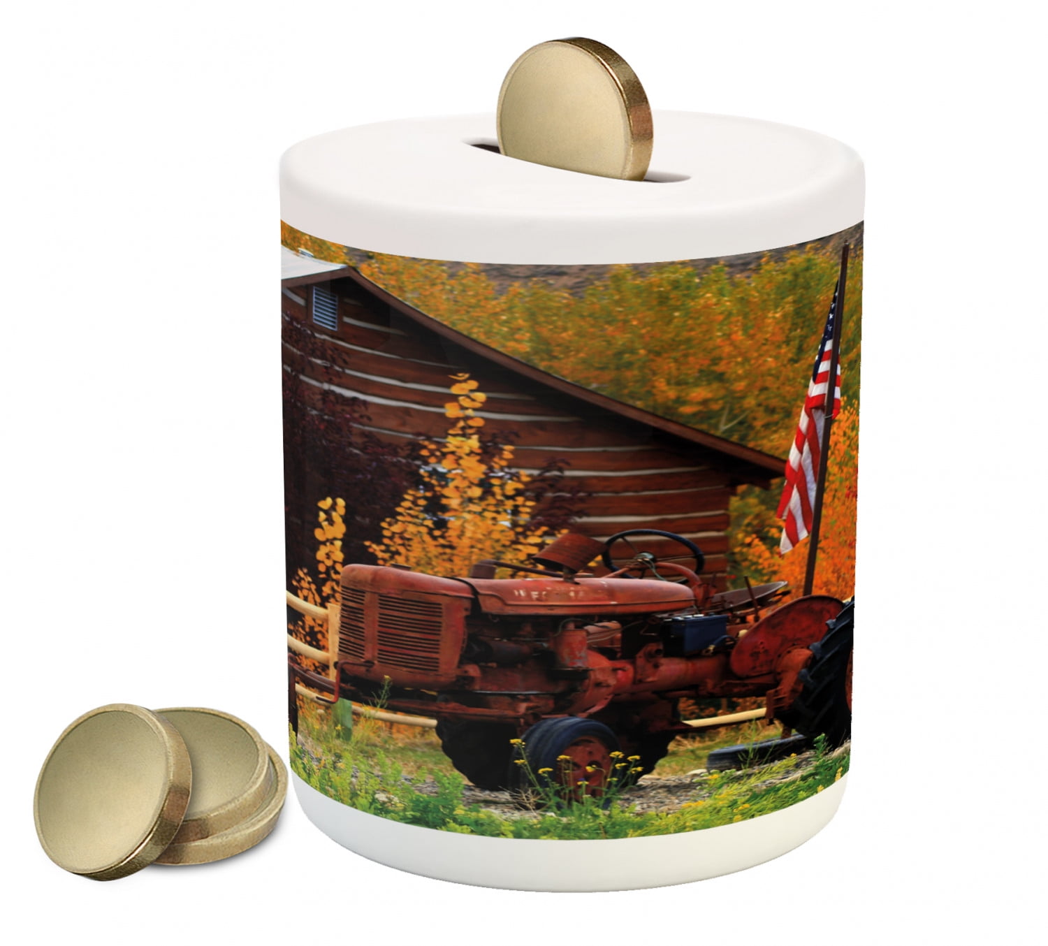 Fall Piggy Bank, Rustic Cabin Rusty Tractor Country Cottage House ...