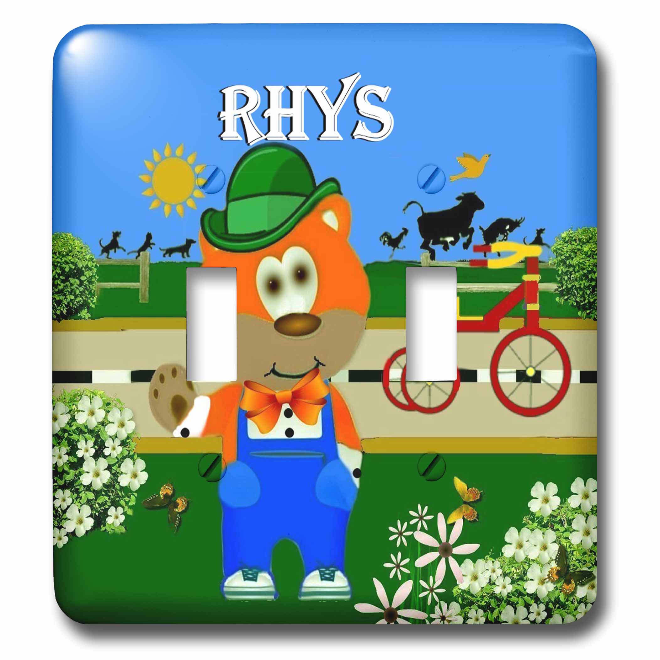 Decorative Bear Wearing Overalls with the name Rhys double toggle ...