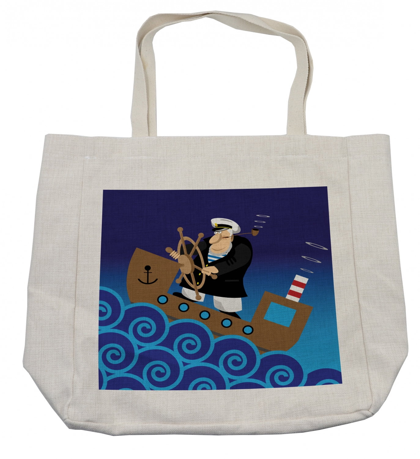 Nautical Shopping Bag, Captain on Ship with Wavy Ocean Cartoon Style ...