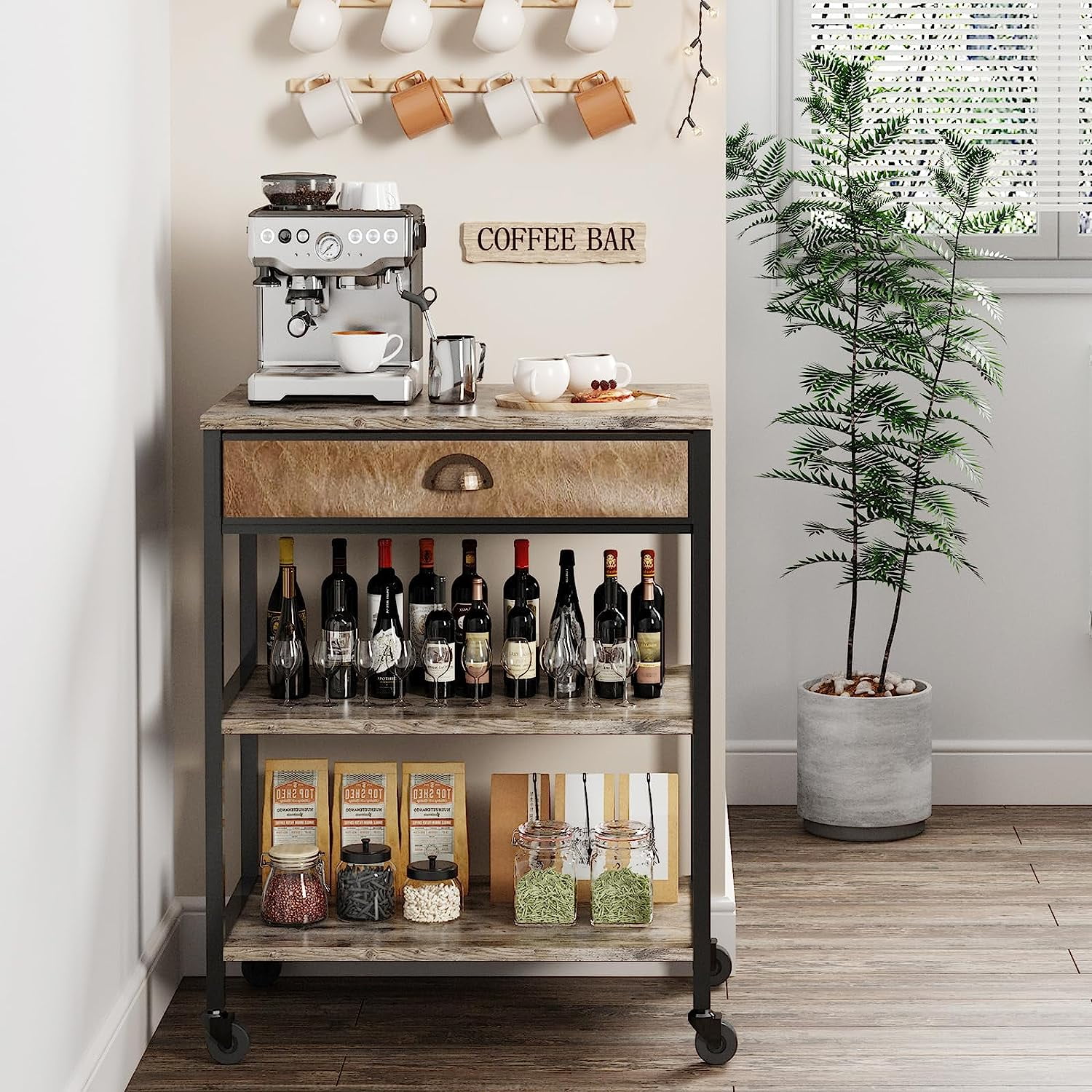 ZXNYH 3-Tier Coffee Bar Table with Storage Cabinet, Rolling Wheels ...