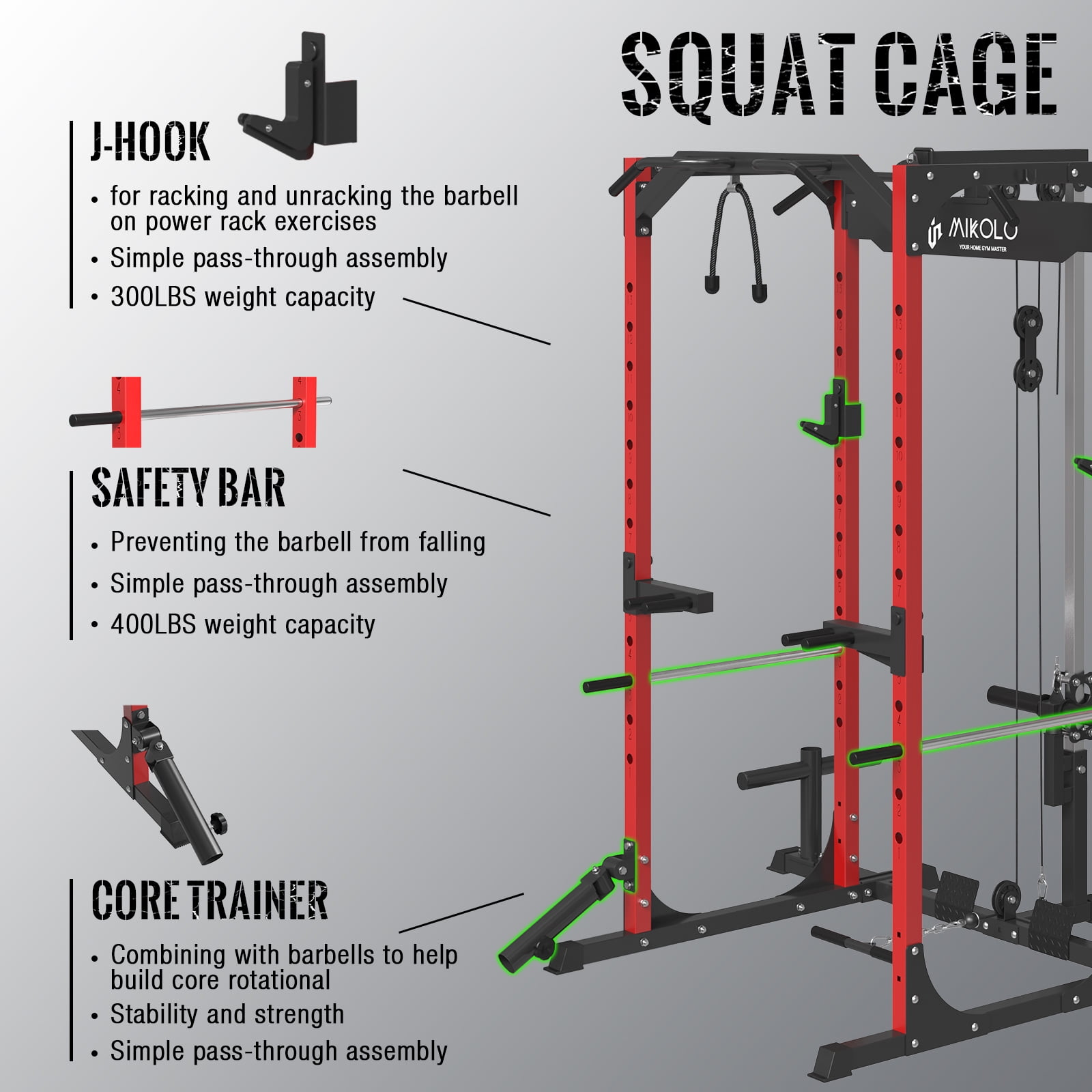 Mikolo Power Rack Cage with LAT Pulldown System, 1200LBS Capacity and ...