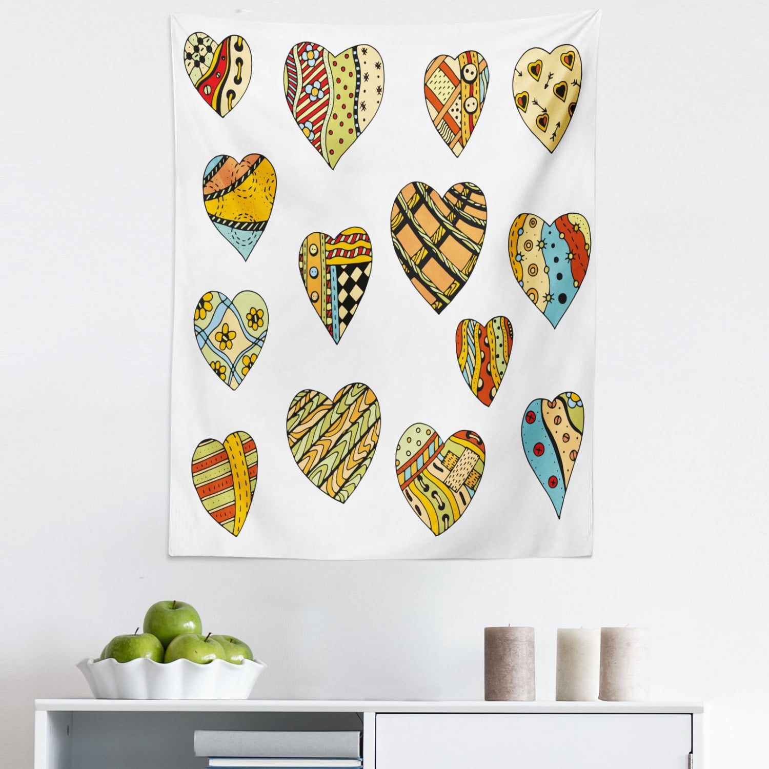 Valentine Tapestry, Hand Drawn Heart Shapes Different with Ornamental ...