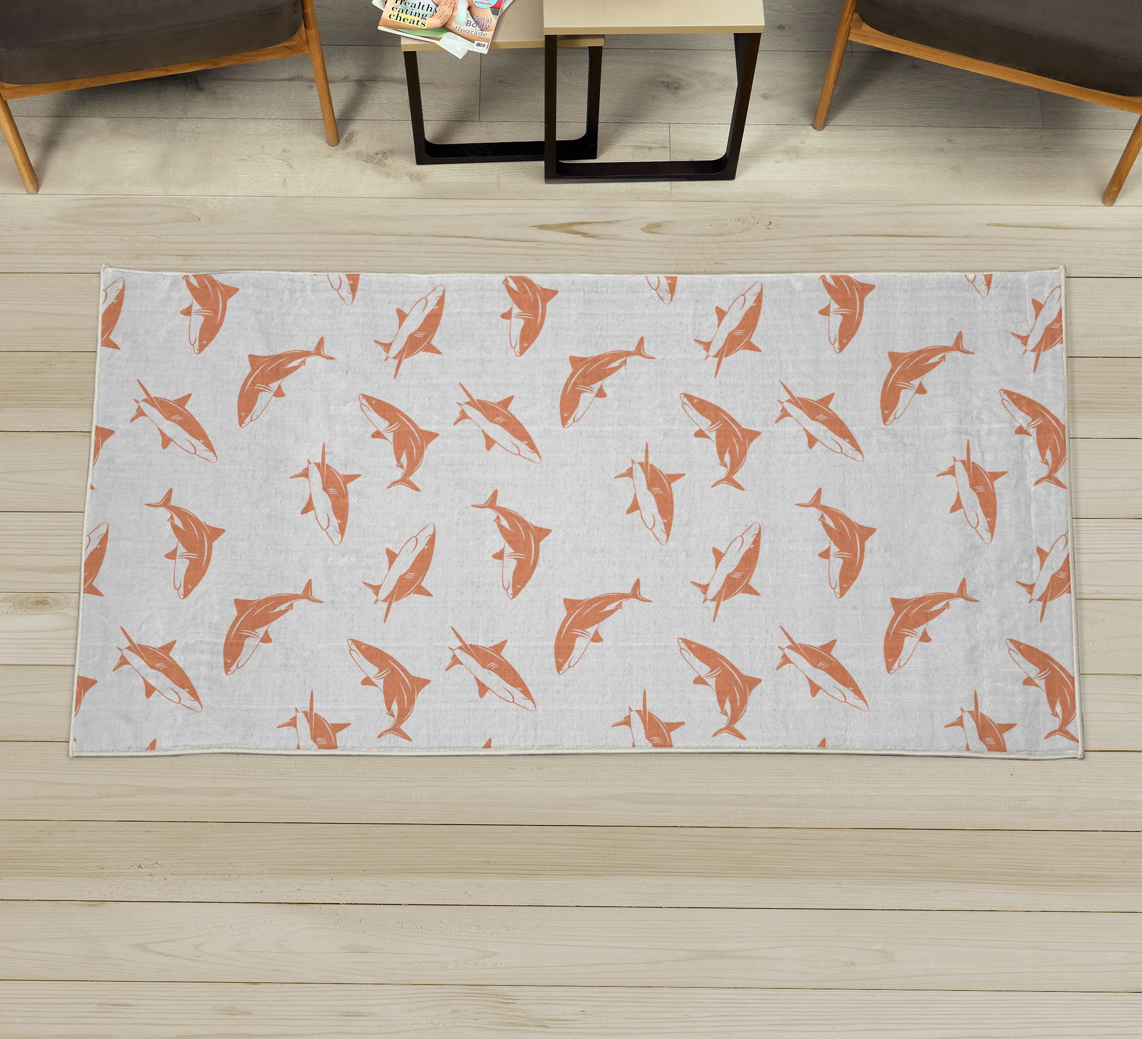 Sea Animals Decorative Rug, Repeated Cartoon Sharks Swimming to ...