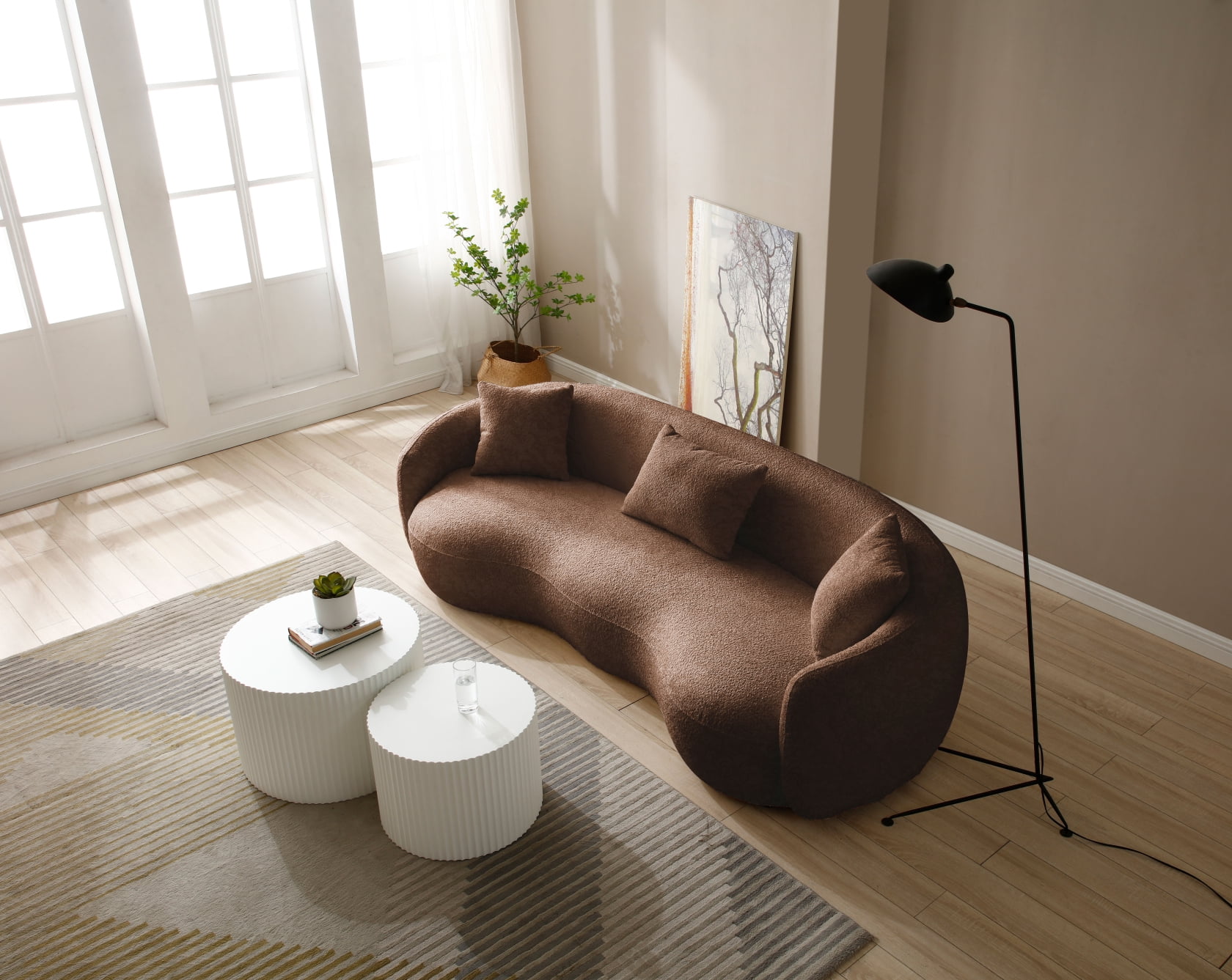 Curved Sofa, Back Upholstered Boucle Couch with 3 Throw Pillows, 4-Seat ...