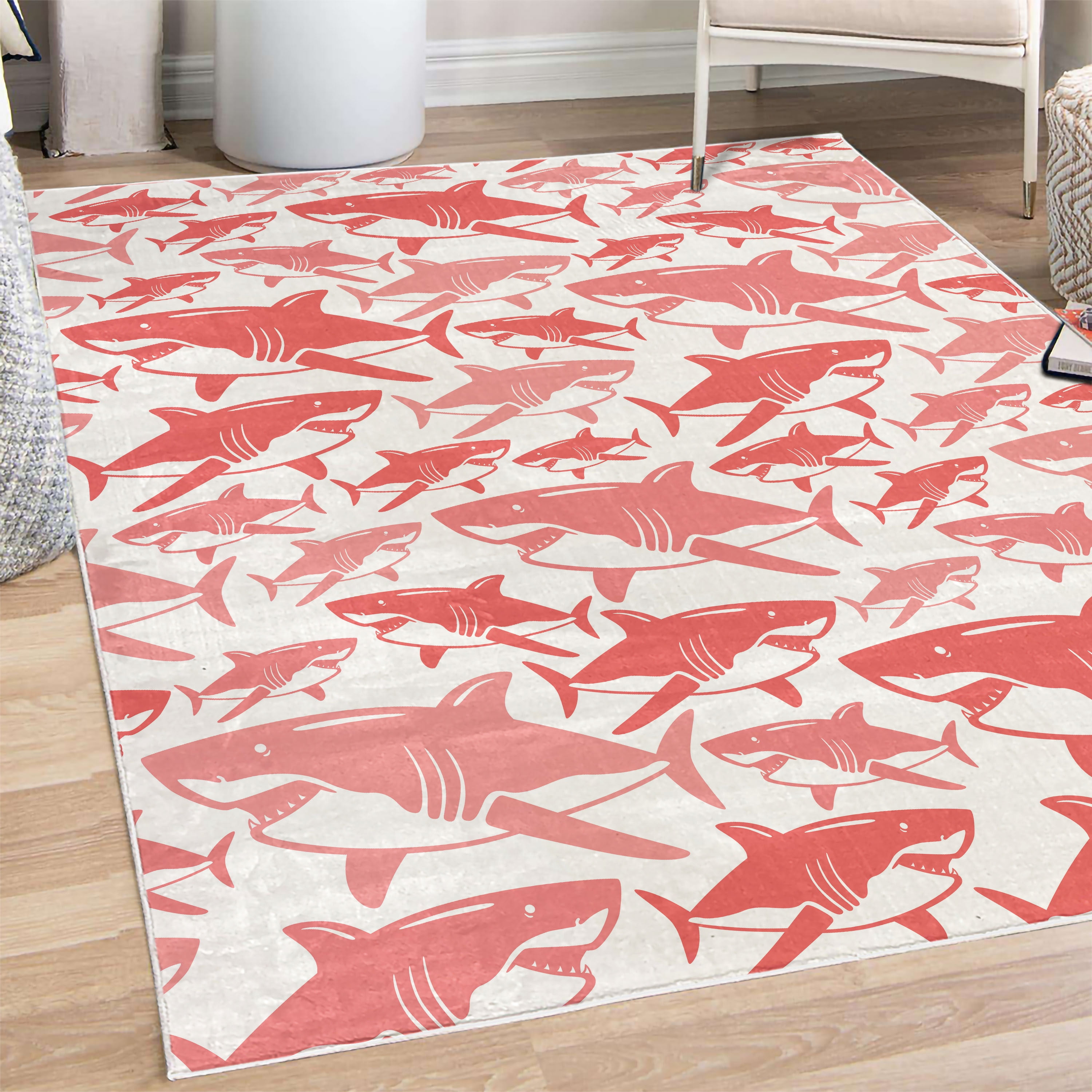 Shark Decorative Rug, Colorful Underwater Fish Pattern Masters Survival ...
