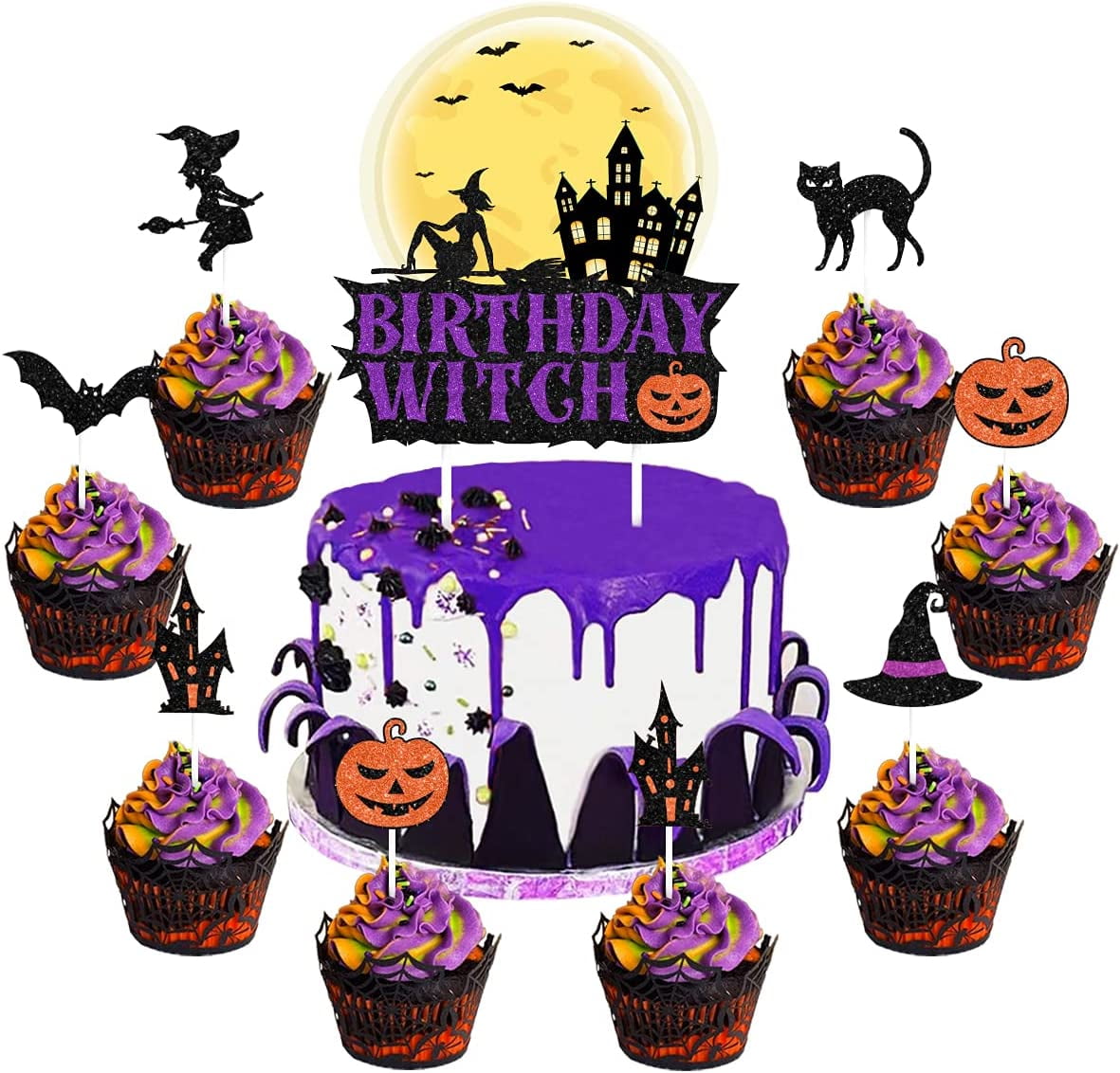 Birthday Witch Cake Topper with 24 Cupcake Toppers Ghost Themed ...