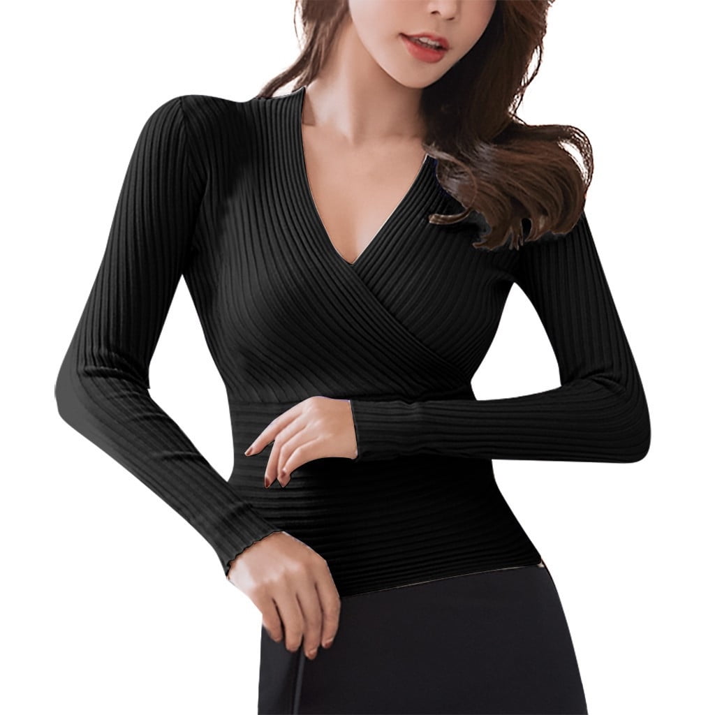 Shiusina Fashion Women V-Neck Solid Long Sleeve Cross Knitt Sweaters ...