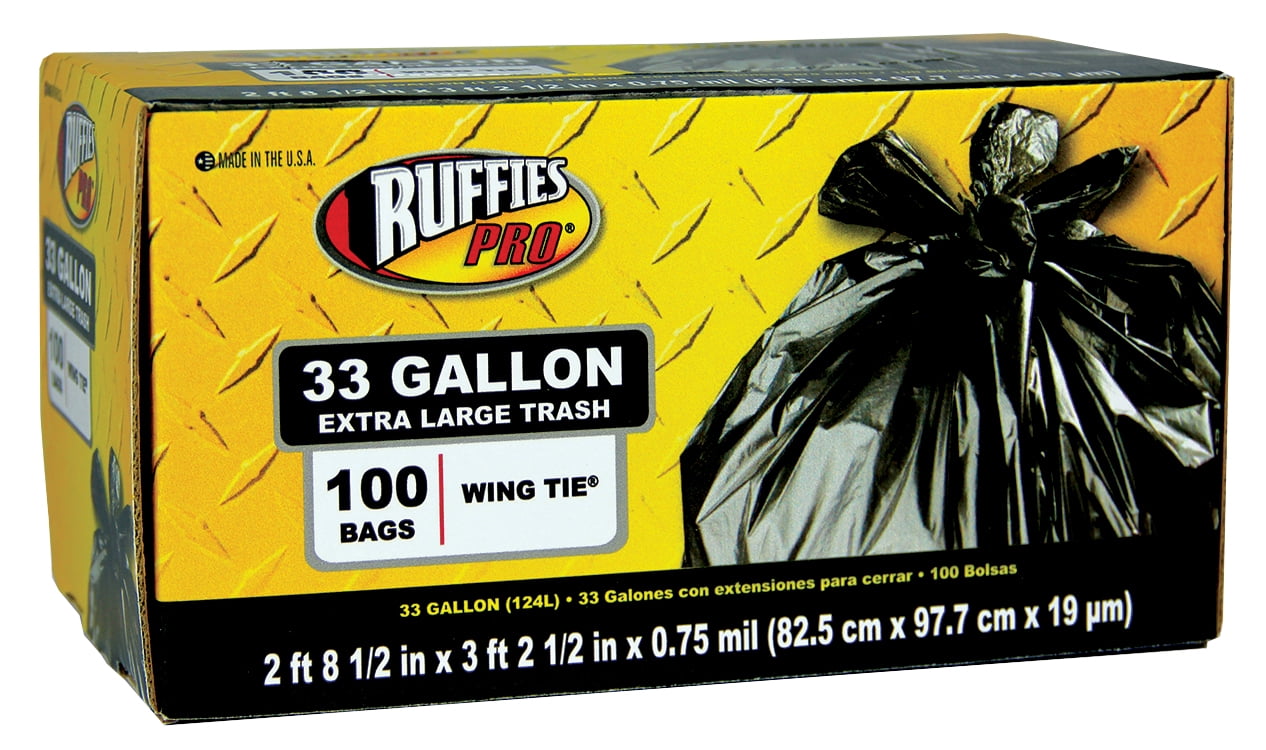 Ruffies 1124923 Pro Extra Large Wing Tie Trash Bags, 33 Gallon, 100 ...