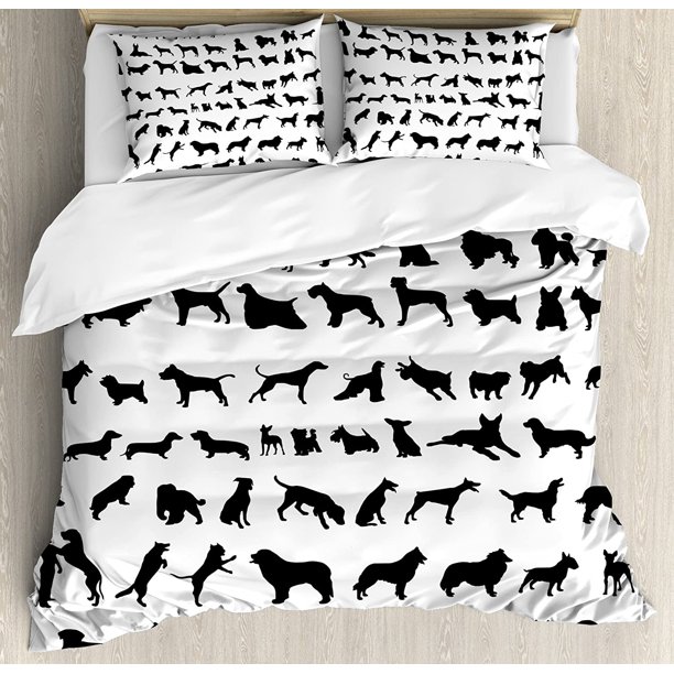 Dog Lover Duvet Cover Set, Silhouettes of Different Breeds of Dogs Chow ...