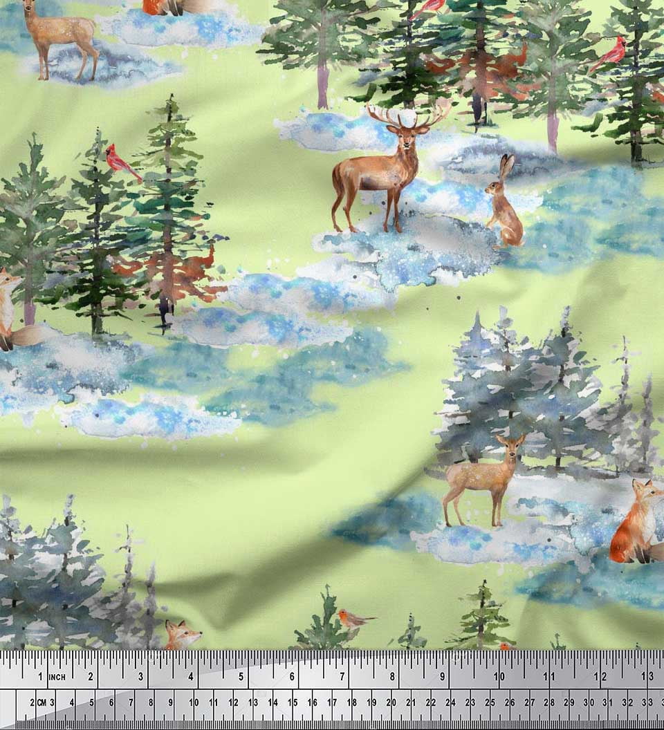 Soimoi Yellow polyester Crepe Fabric Animals & Pine Tree Print Fabric ...