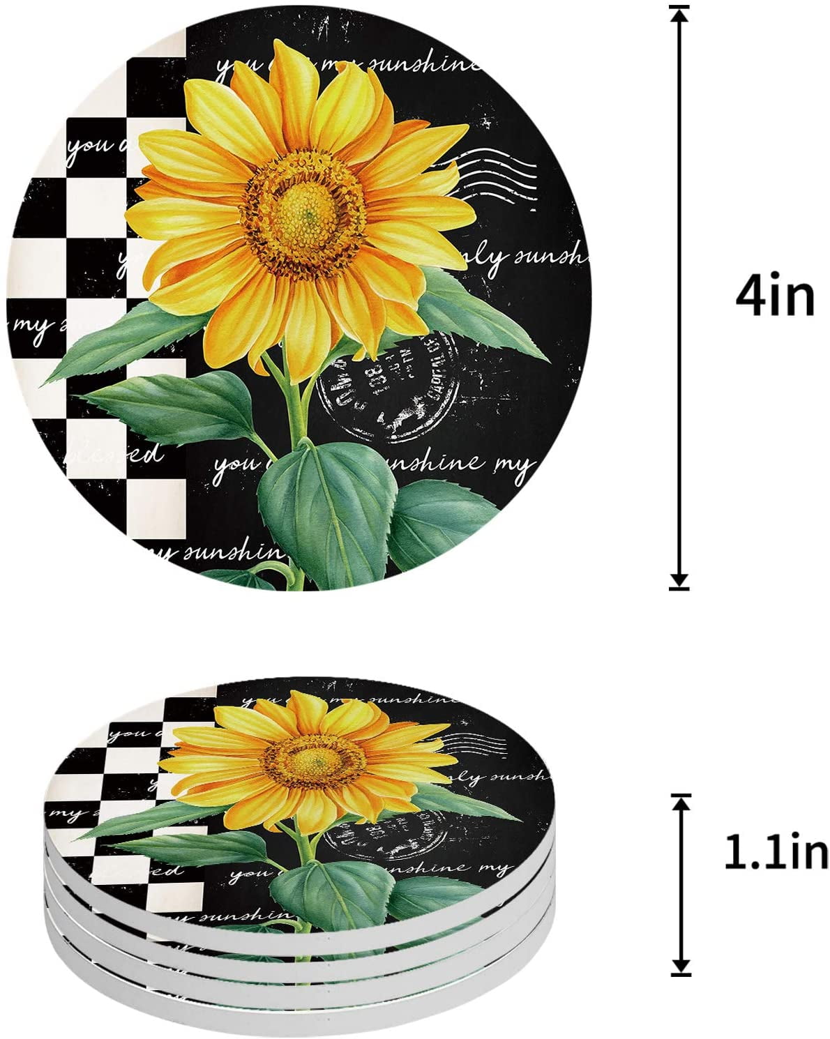 ZHANZZK Summer Farm Sunflower Black Plaid Set of 8 Round Coaster for ...