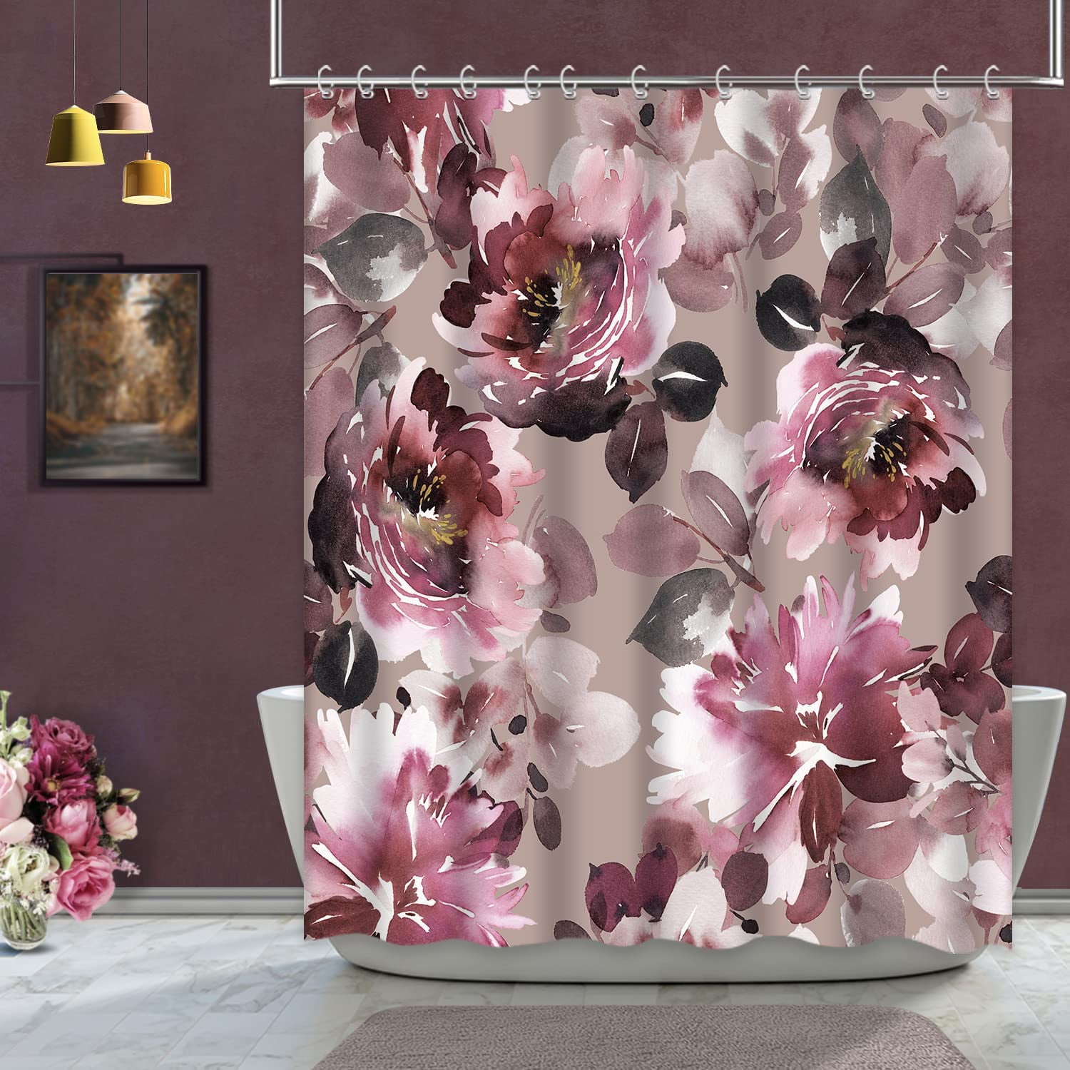 Burgundy Shower Curtain Fall Maroon Floral And Eucalyptus Leaves Retro