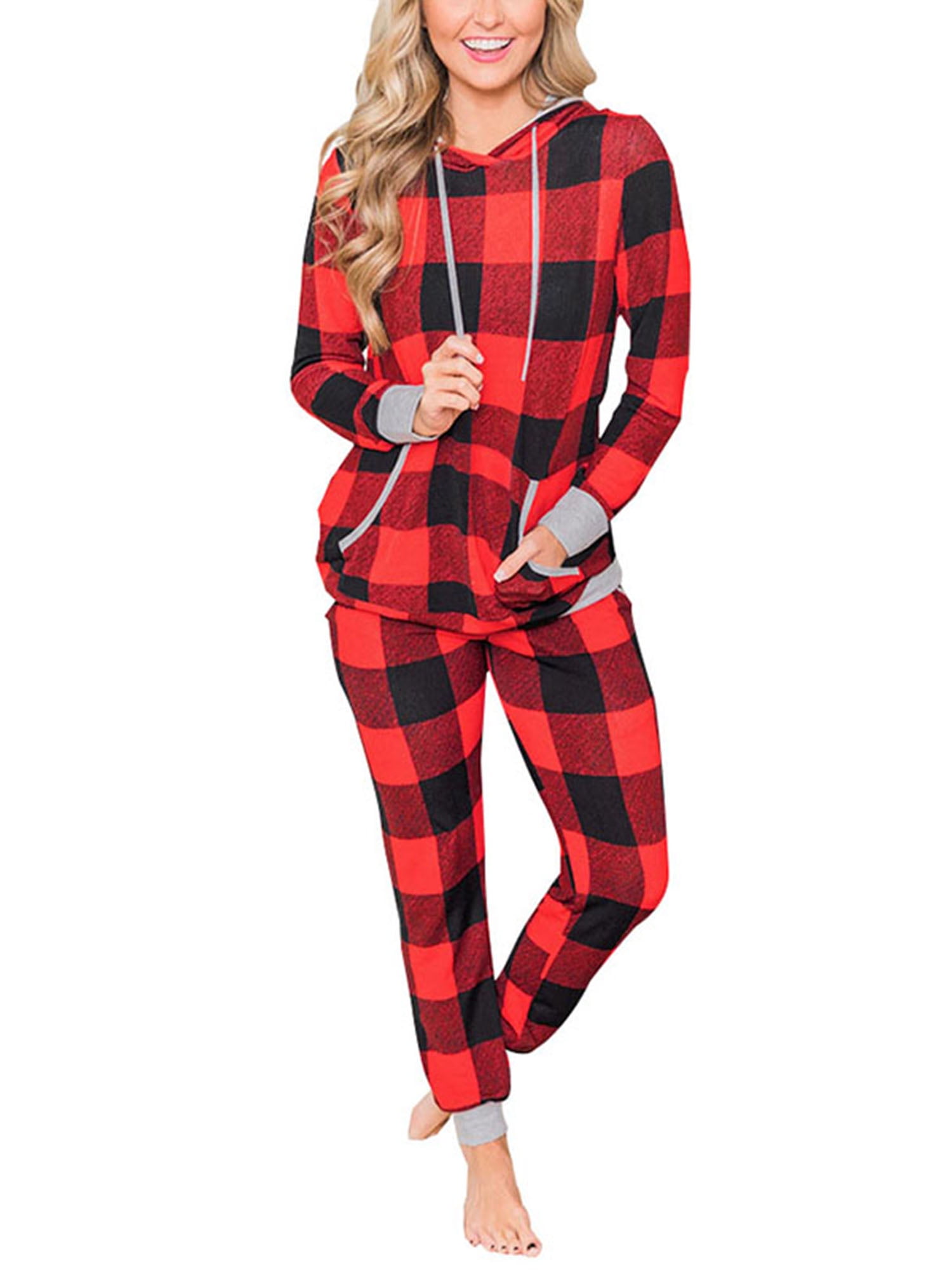 Sexy Dance 2Pcs Women Christmas Plaid Hooded Pajamas Set Long Sleeve ...