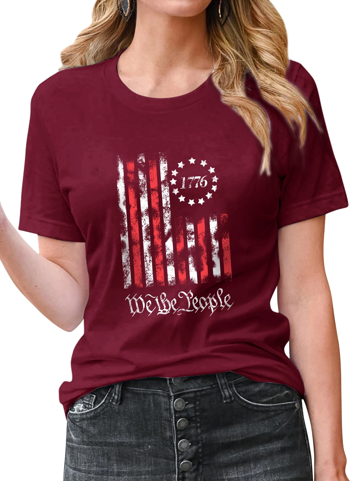 TWZH Women 1776 We The People Letter Print T-Shirt Independence Day ...